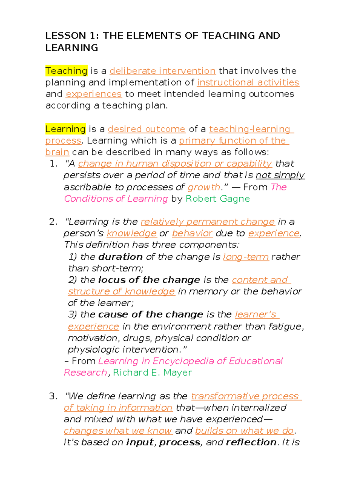 PMTA Notes - LESSON 1: THE ELEMENTS OF TEACHING AND LEARNING Teaching ...