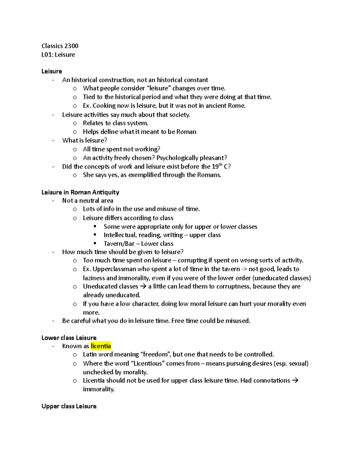 Lectures 1 -Leisure, Otium, and Recreation - Classics 2300 L01: Leisure Leisure - An historical ...
