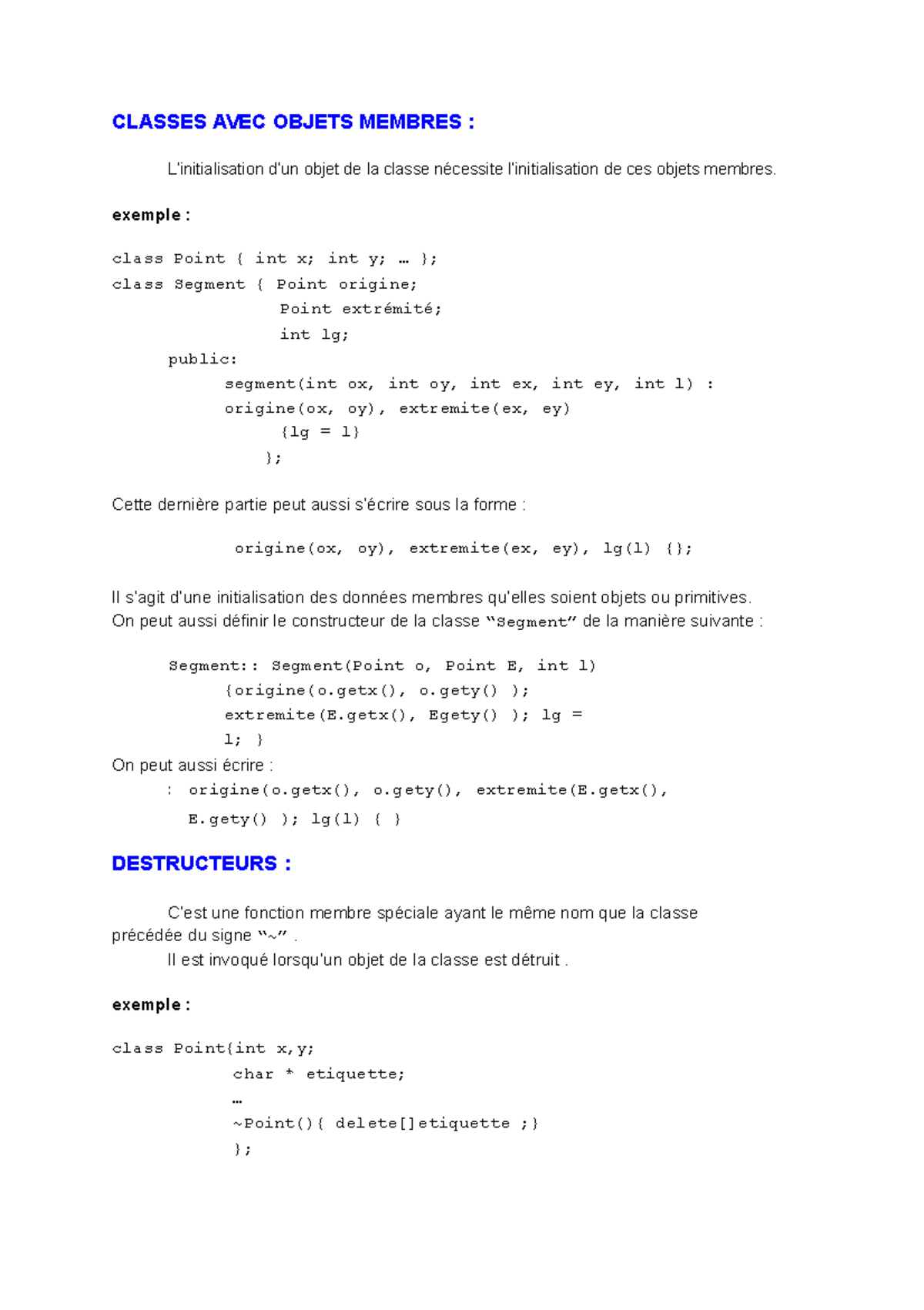 Cours C++ - Informatique 4 - CLASSES AVEC OBJETS MEMBRES : L’initialisation d’un objet de la ...