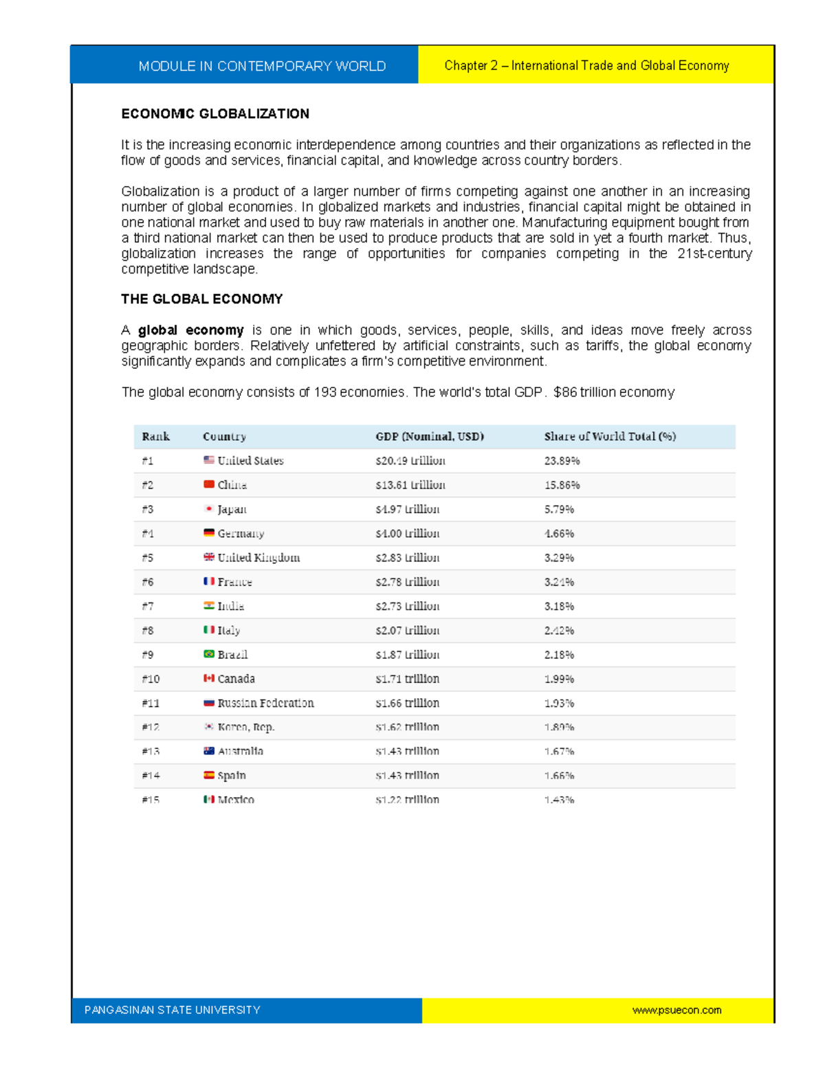 The World Economy - ECONOMIC GLOBALIZATION It is the increasing ...