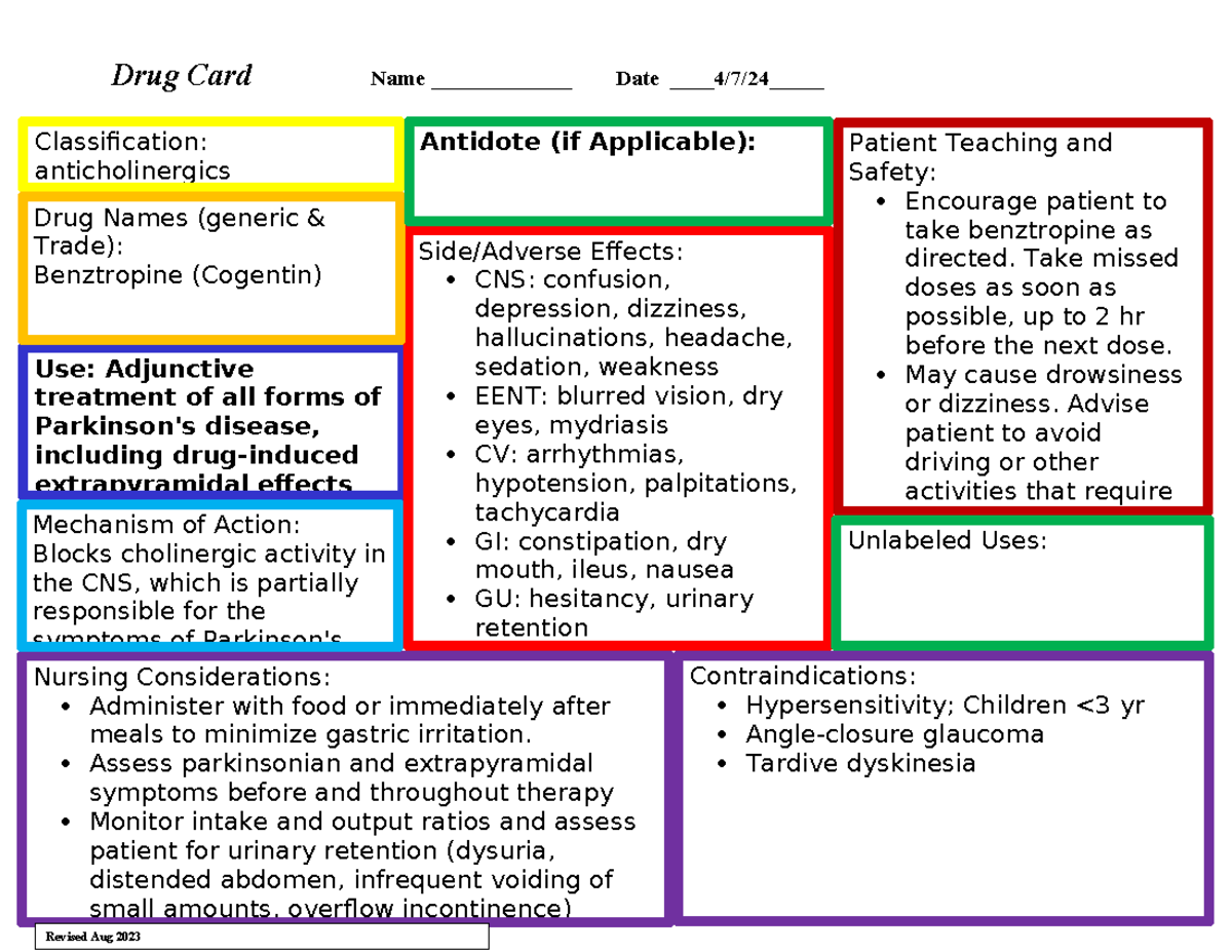 Week 14 drugs - Drug Card Name _____________ Date 4/7/24_ Patient ...