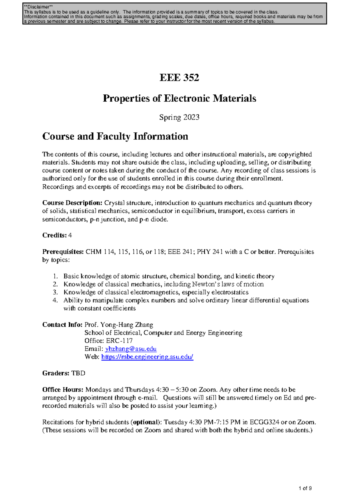 EEE 352 - Syllabus - EEE 352 Properties of Electronic Materials Spring ...