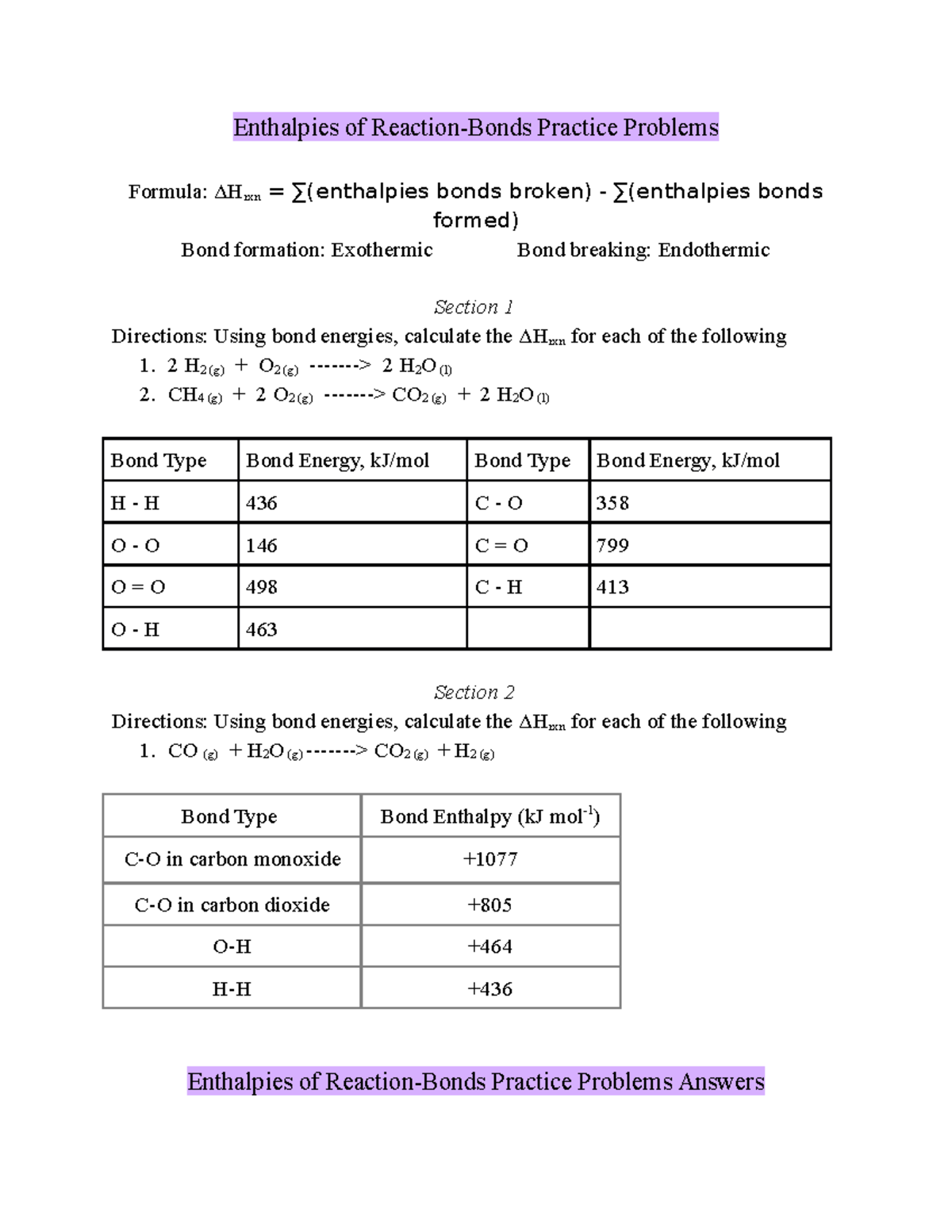 Enthalpies of Reaction-Bonds Practice Problems - Studocu