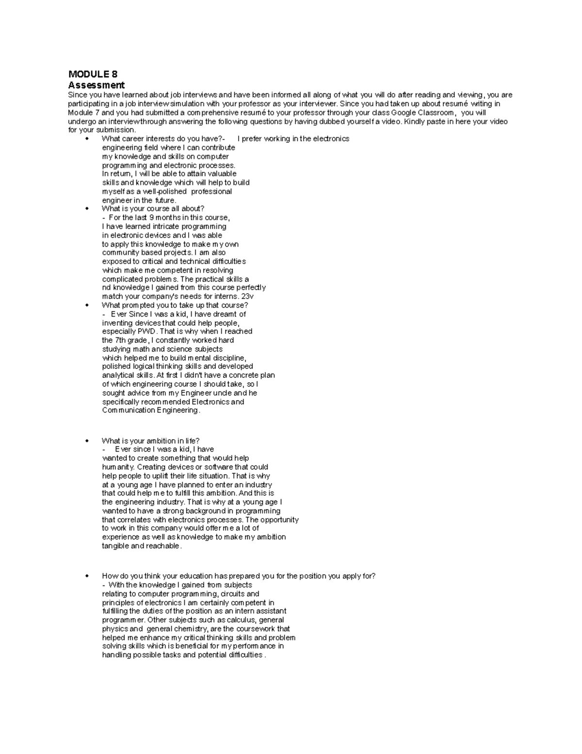 Module 8 - wala wala - MODULE 8 Assessment Since you have learned about job interviews and have ...