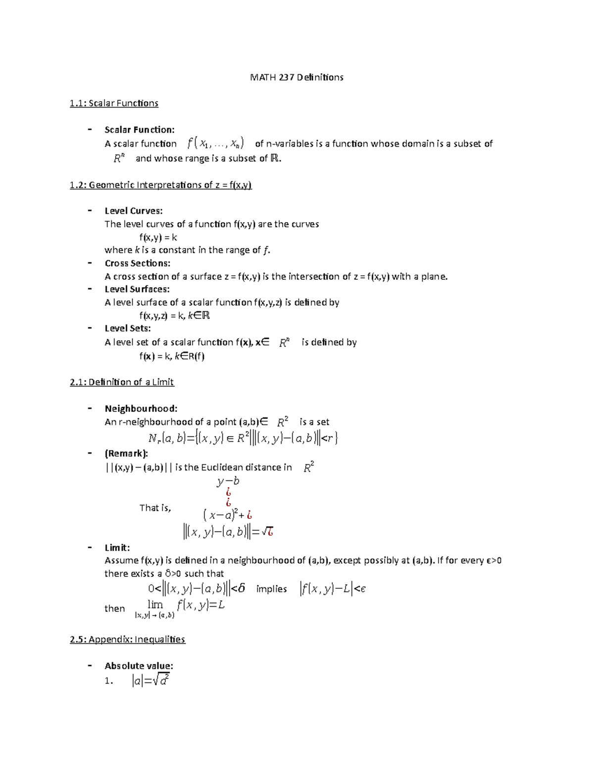MATH 237 Definitions - MATH 237 Definitions 1: Scalar Functions Scalar ...