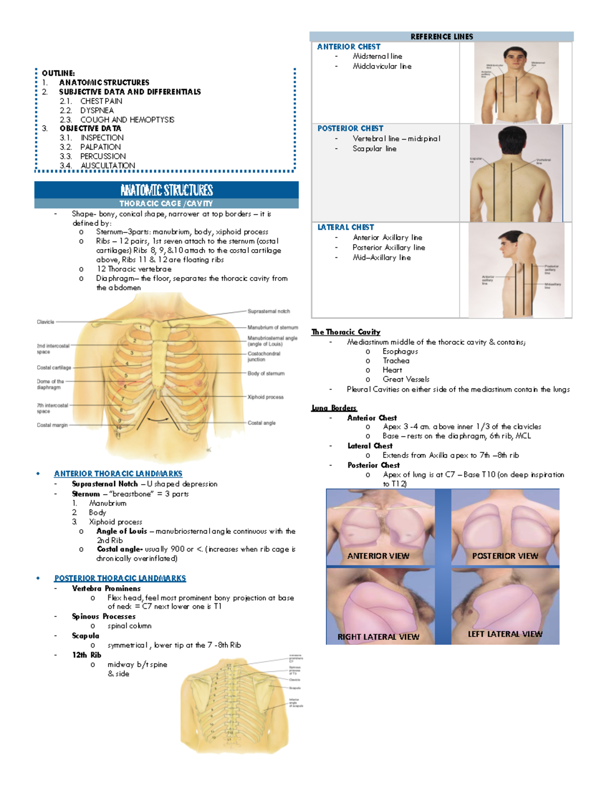 Lungs and thorax - Lecture notes 1-4 - OUTLINE: 1. ANATOMIC STRUCTURES ...