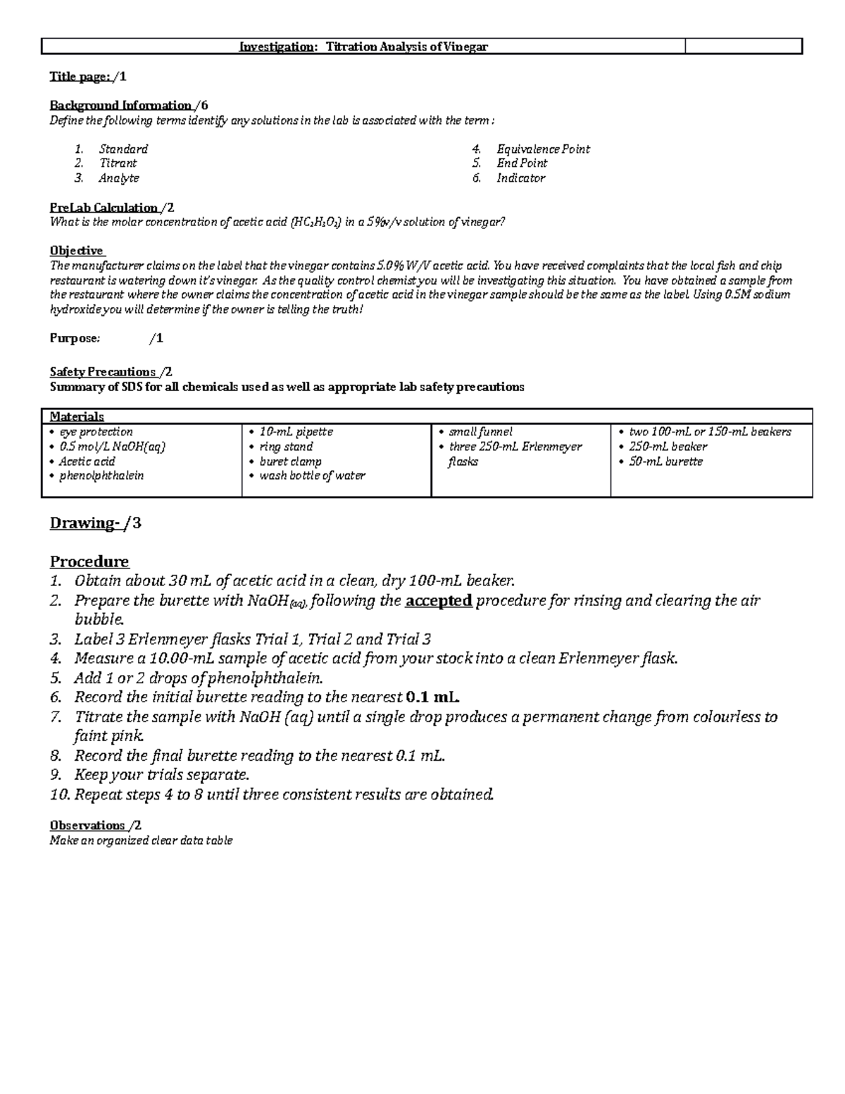 Titration of vinegar lab - 2022 - Investigation: Titration Analysis of ...