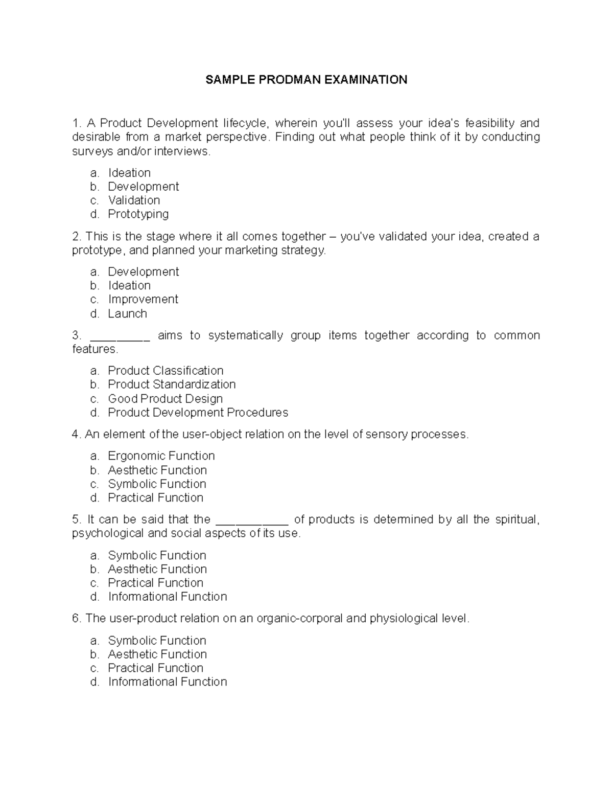 Sample Prod Man Examination - SAMPLE PRODMAN EXAMINATION A Product ...