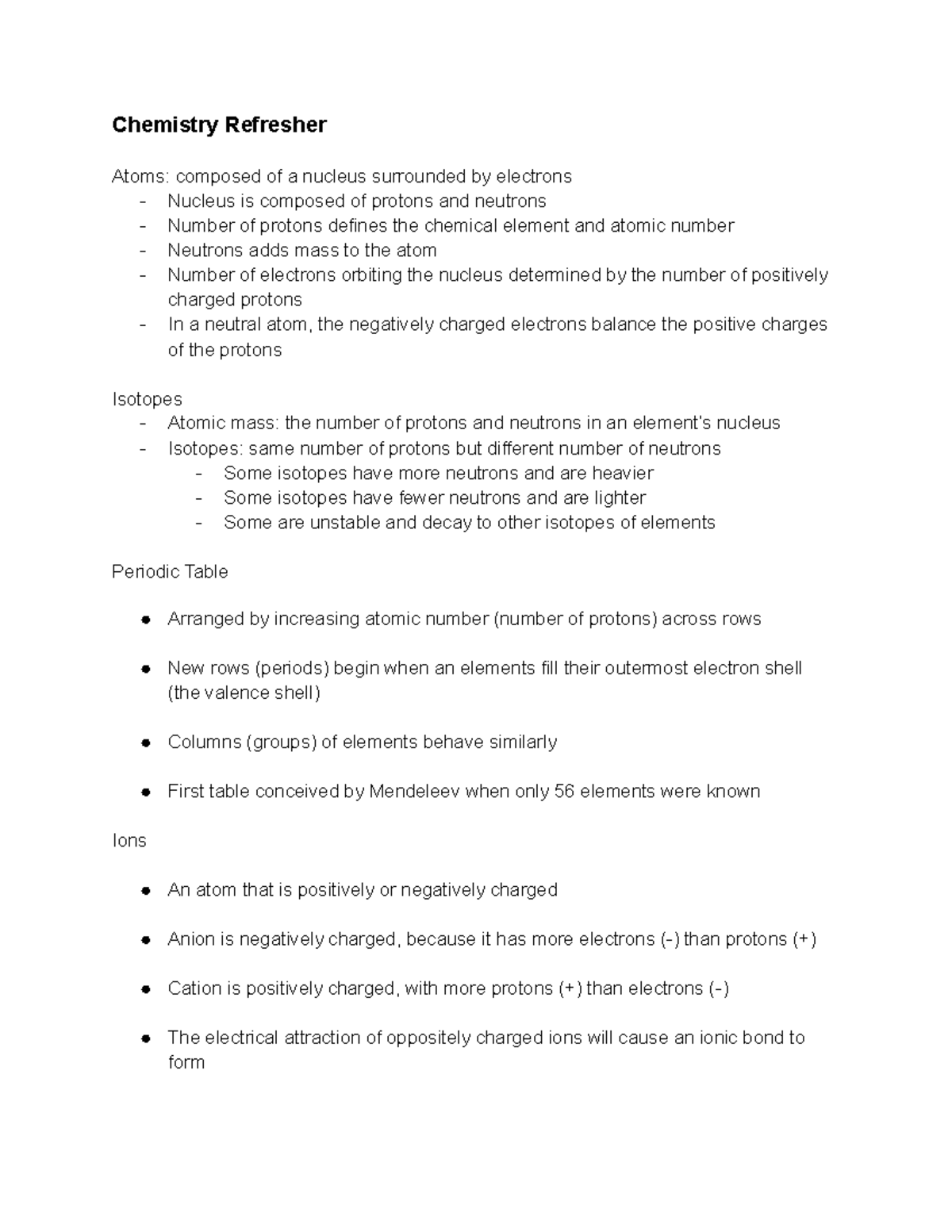 Week 4 - Notes - Chemistry Refresher Atoms: composed of a nucleus ...