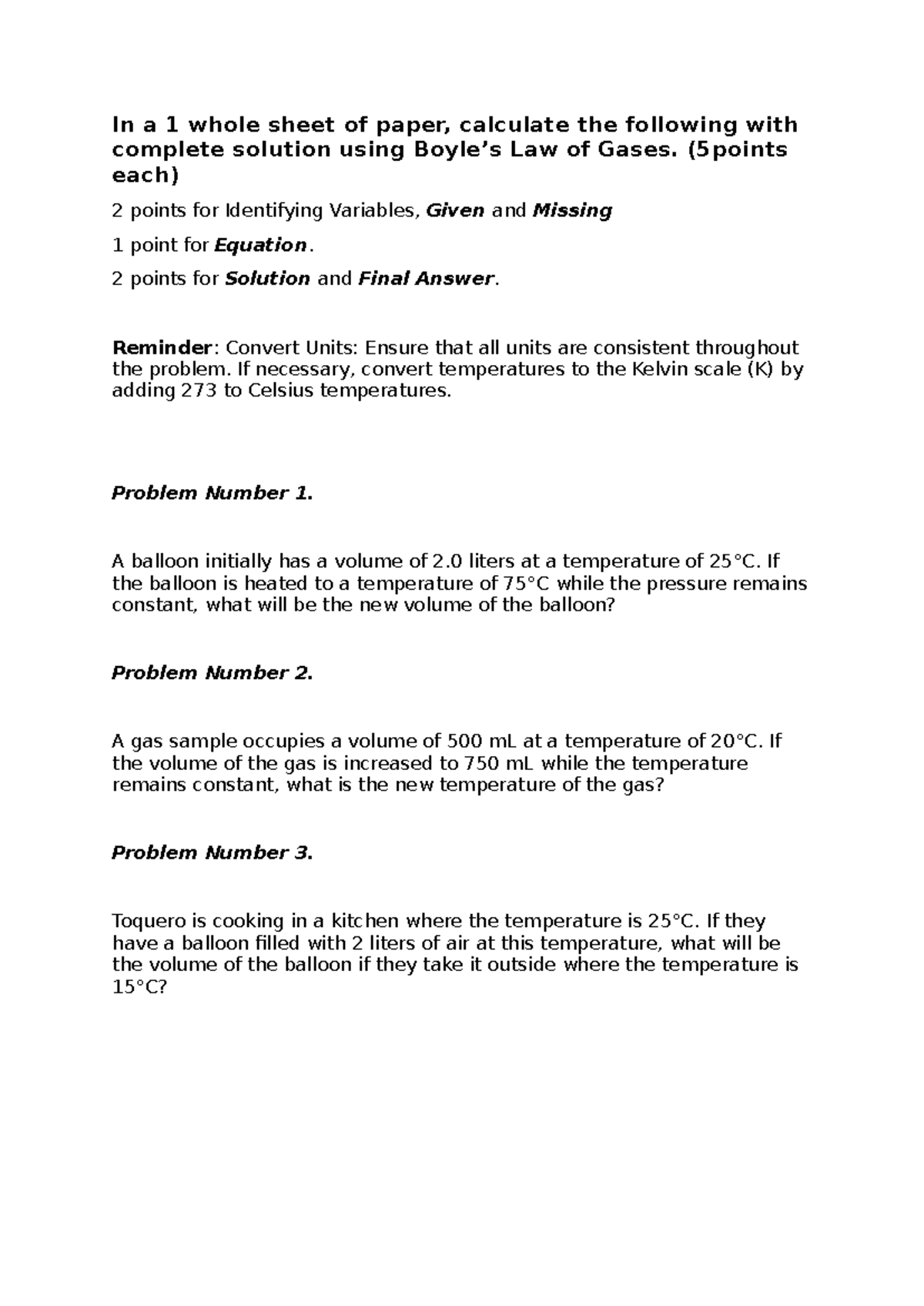 Charle's Law of Gases - Activity for Grade 10 - In a 1 whole sheet of ...