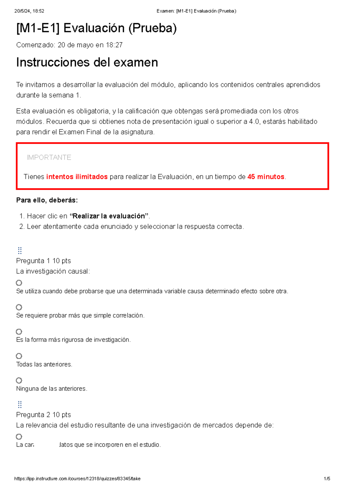 Examen [M1-E1] Evaluación (Prueba) - [M1-E1] Evaluación (Prueba) Comenzado: 20 de mayo en 18 ...