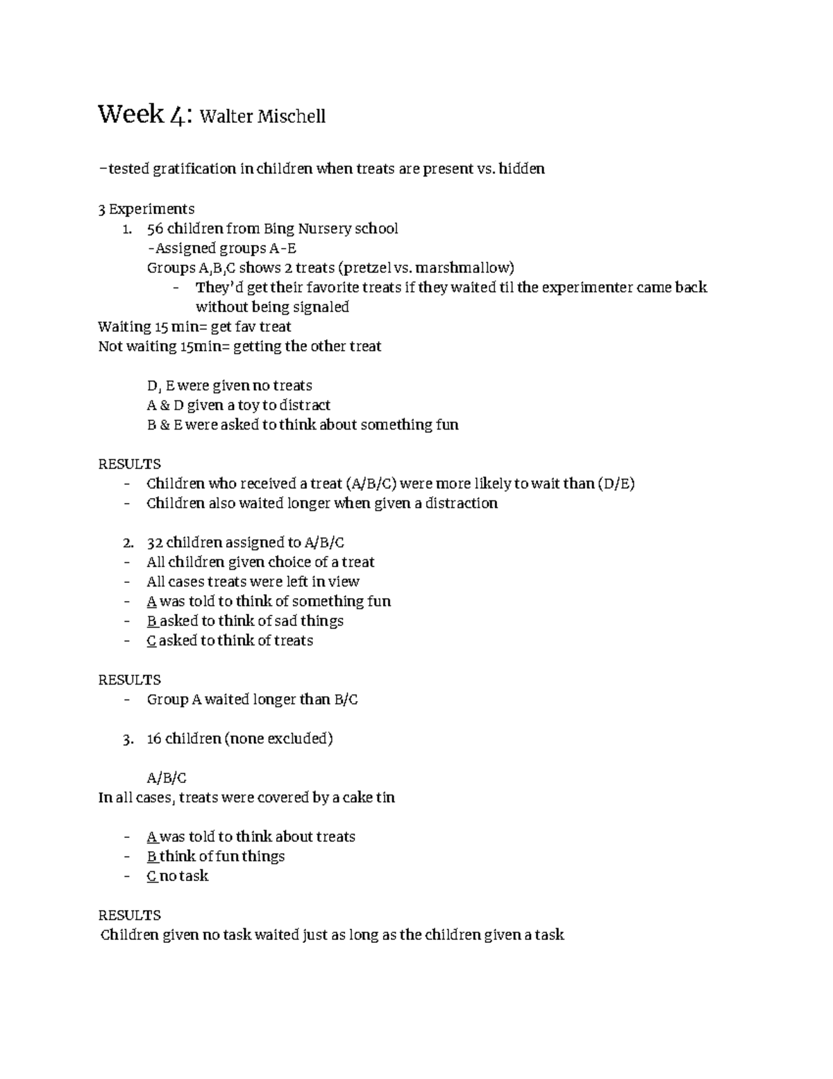 Week 4; Walter Mischell - Week 4: Walter Mischell tested gratification ...