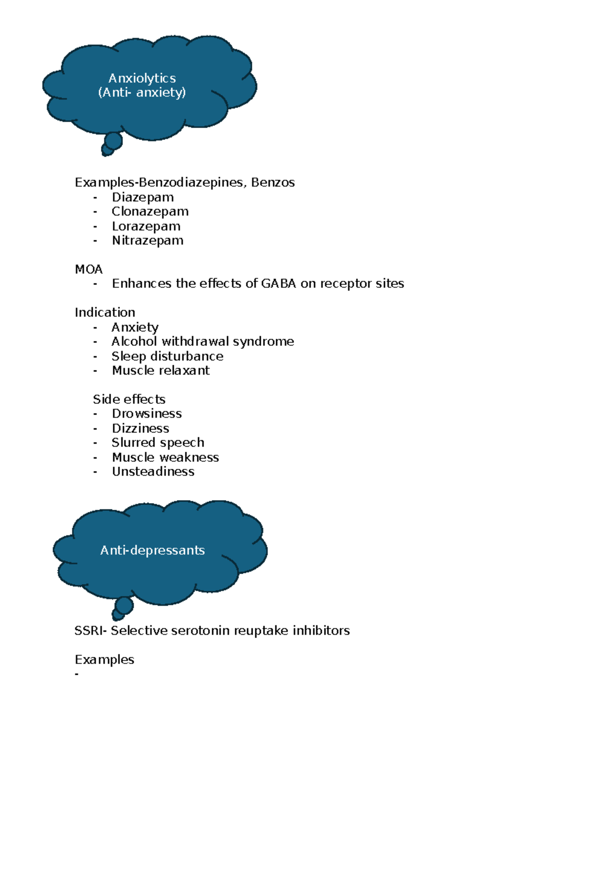 Drug brainstorm exam - MHS1101 - Examples-Benzodiazepines, Benzos ...