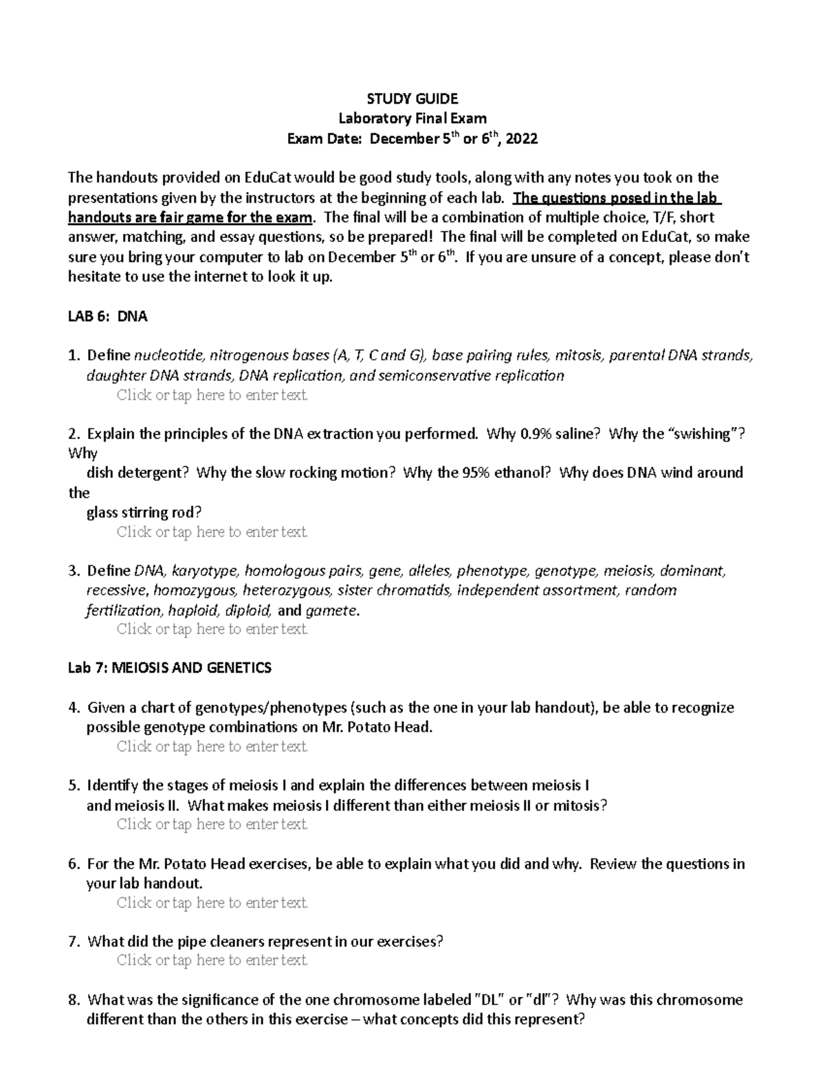 Lab Final study guide F22 - STUDY GUIDE Laboratory Final Exam Exam Date ...