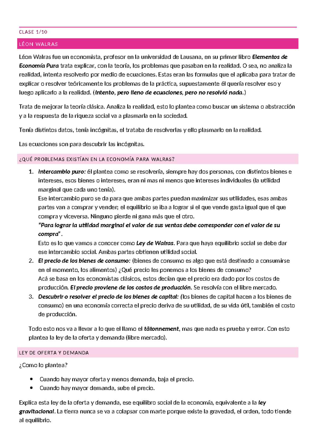Walras - apuntes de clase - CLASE 1/ LÉON WALRAS Léon Walras fue un ...