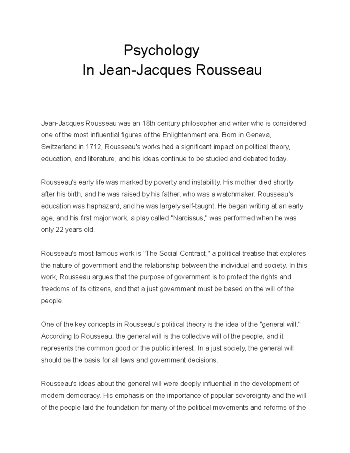 Psychology In Jean-Jacques Rousseau - Psychology In Jean-Jacques ...