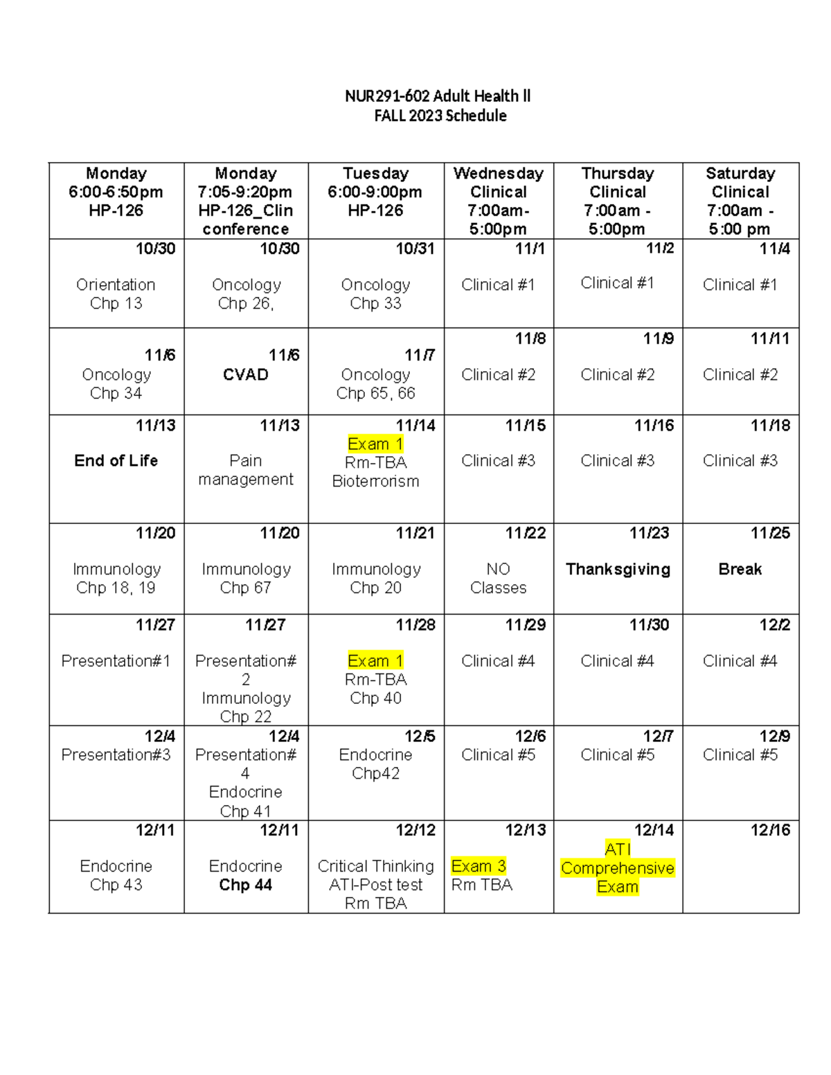 2023Fall NUR291-602 2nd Rot Schedule - NUR291-602 Adult Health ll FALL ...