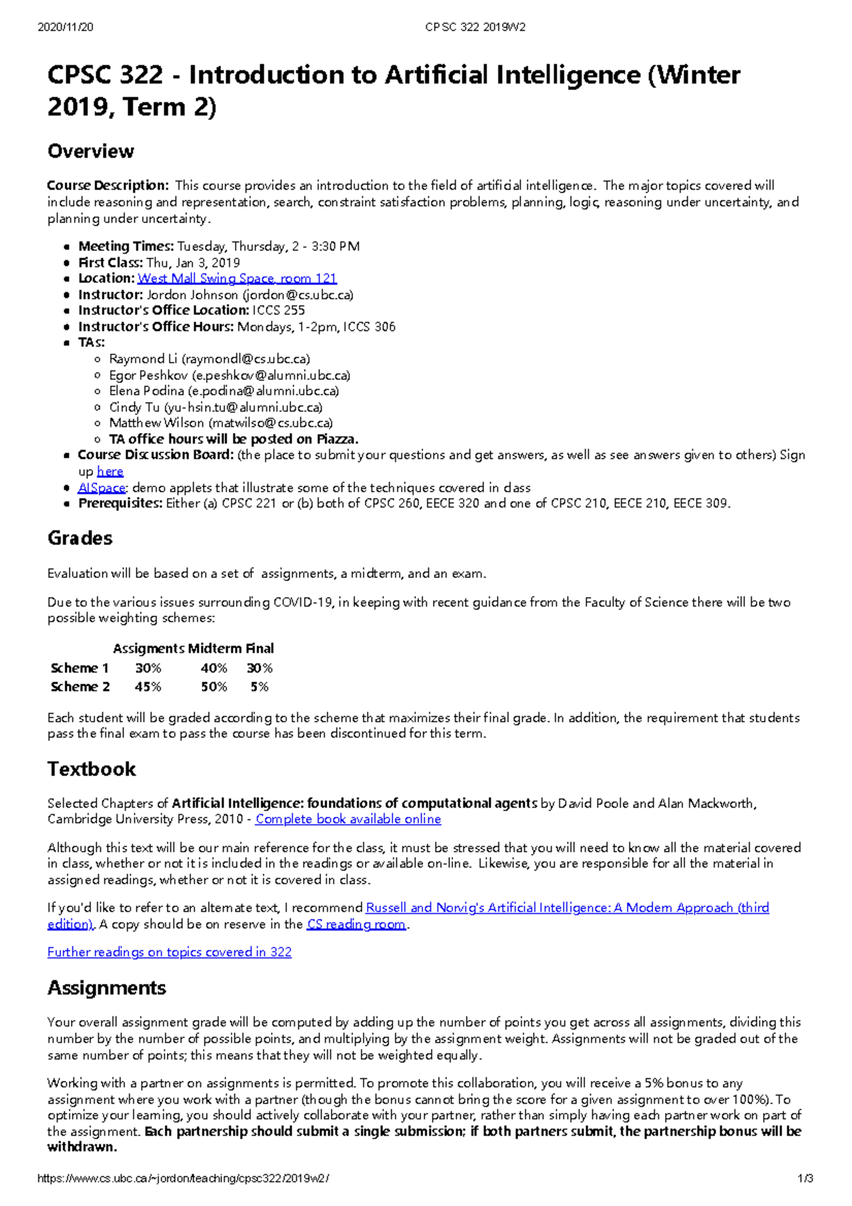 CPSC 322 syllabus - 2020/11/20 CPSC 322 2019W cs.ubc/~jordon/teaching/cpsc322/2019w2/ 1/ CPSC ...