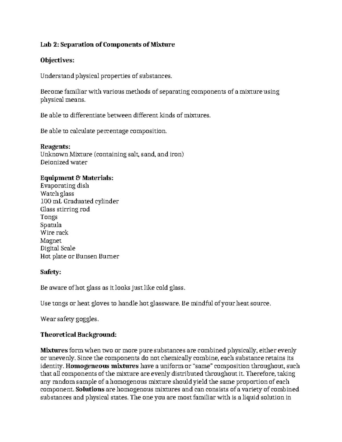 Lab 2 Separation of Components of Mixture - Lab 2: Separation of ...