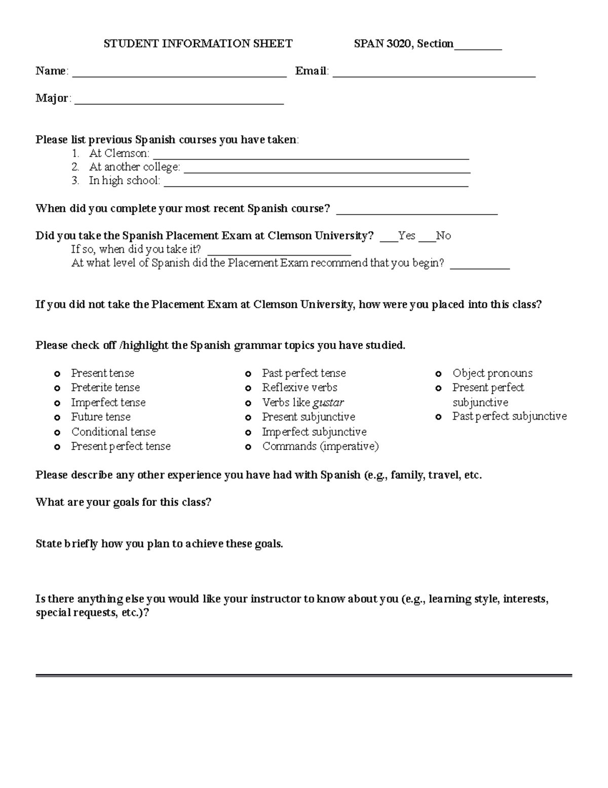 First+Day+Questionnaire - STUDENT INFORMATION SHEET SPAN 3020, Section ...