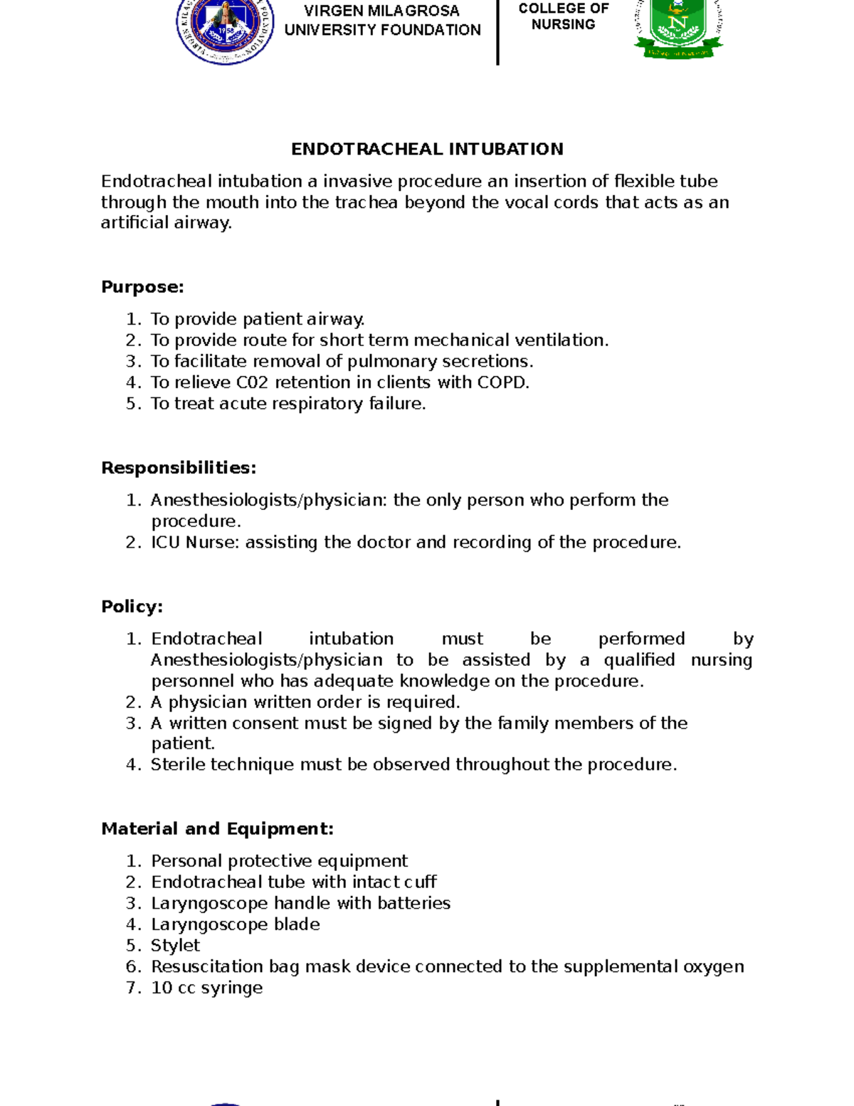 Endotracheal Intubation - VIRGEN MILAGROSA UNIVERSITY FOUNDATION ...