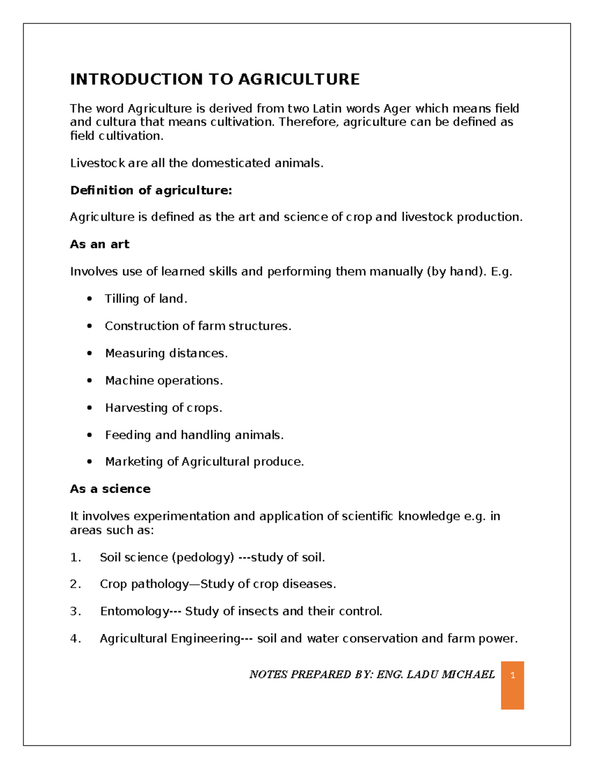 Introduction TO Agriculture Lecture Notes M - INTRODUCTION TO ...