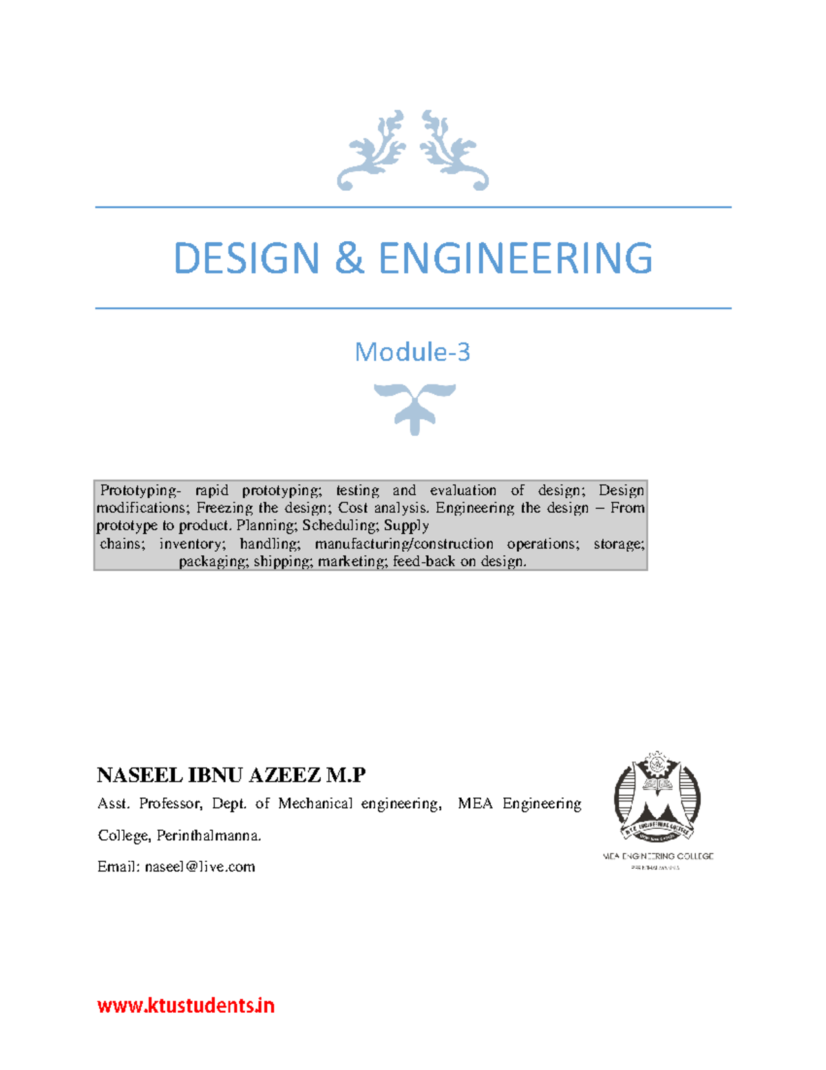 Module-3 - Module 3 notes - DESIGN & ENGINEERING Module- Prototyping ...
