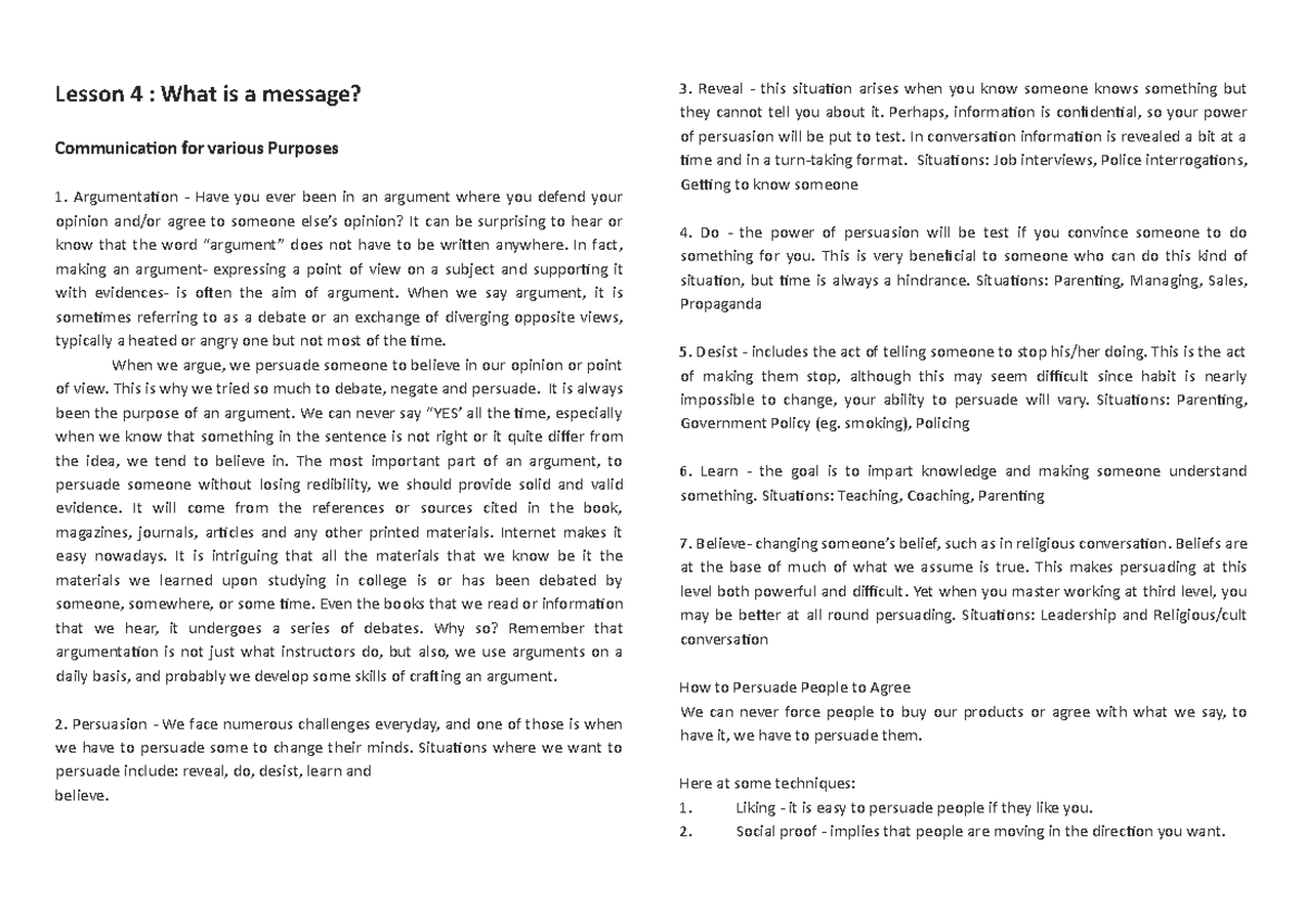 L4-6 purposeive comm - Lesson 4 : What is a message? Communication for ...