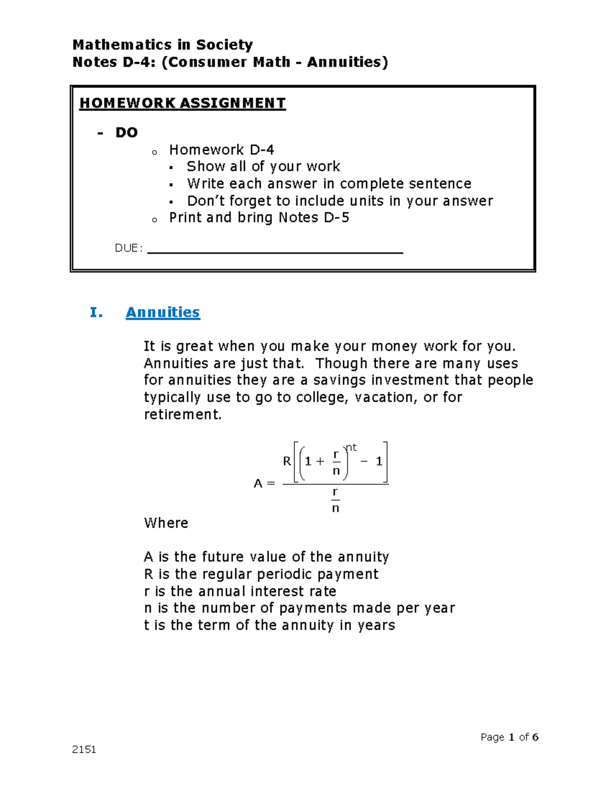 D-4 Annuities - It is only for assignment purposes and it can help to ...