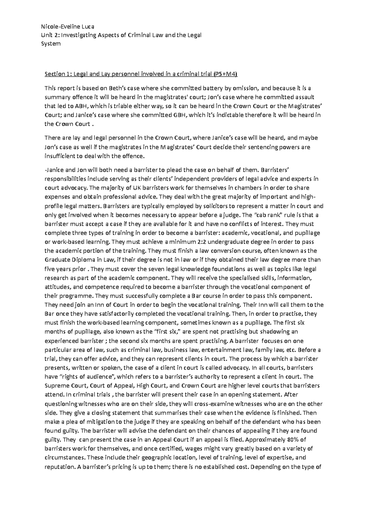 Assignment 2( Unit 2) Law - Unit 2: Investigating Aspects of Criminal Law and the Legal System ...