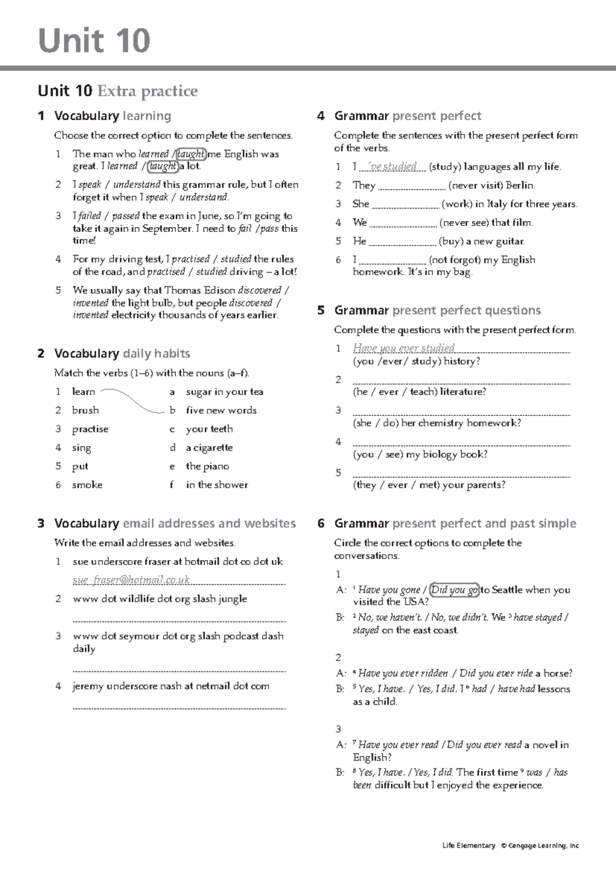 Elem unit10 extrapractice be 0 - Life Elementary © Cengage Learning, Inc Unit 10 Extra practice ...