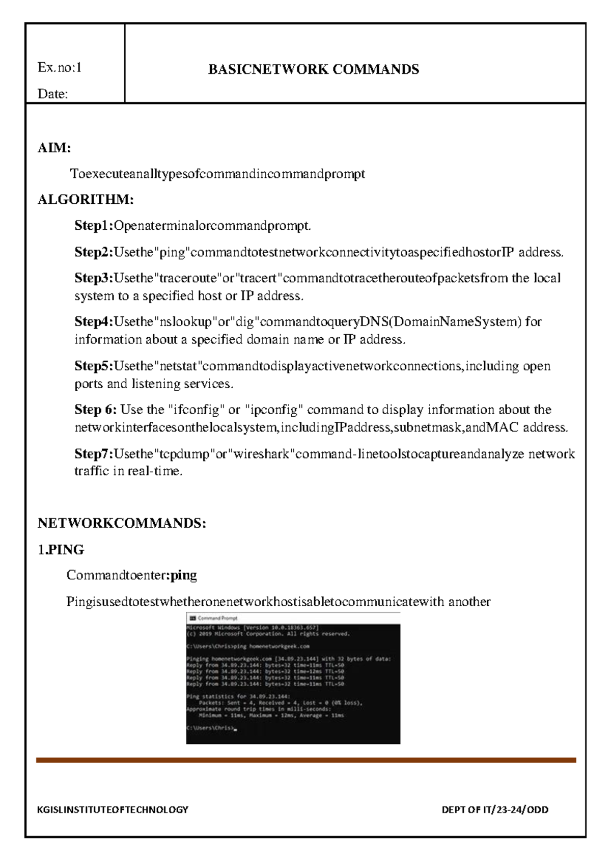 CN Manual - Ex: Date: BASICNETWORK COMMANDS AIM: Toexecuteanalltypesofcommandincommandprompt ...