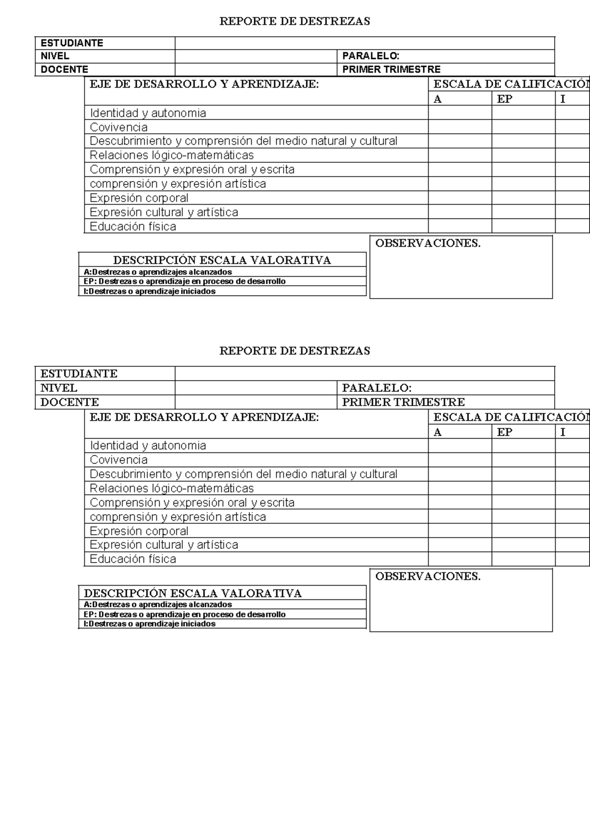 Libreta DE Reporte - REPORTE DE DESTREZAS ESTUDIANTE NIVEL PARALELO ...