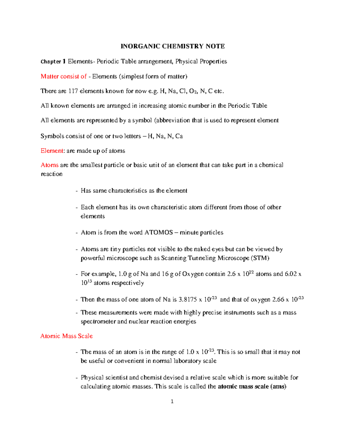 Notes 1 - hematology - INORGANIC CHEMISTRY NOTE Chapter 1 Elements ...