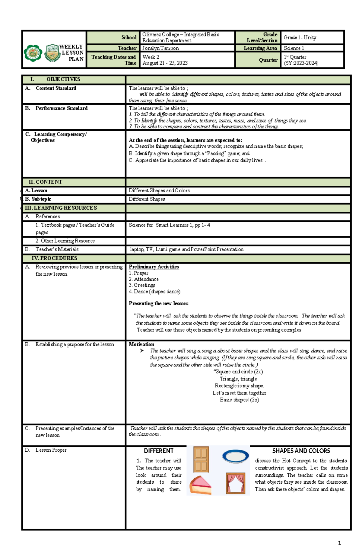 Science 1 - Lesson Plan - WEEKLY LESSON PLAN School Olivarez College ...