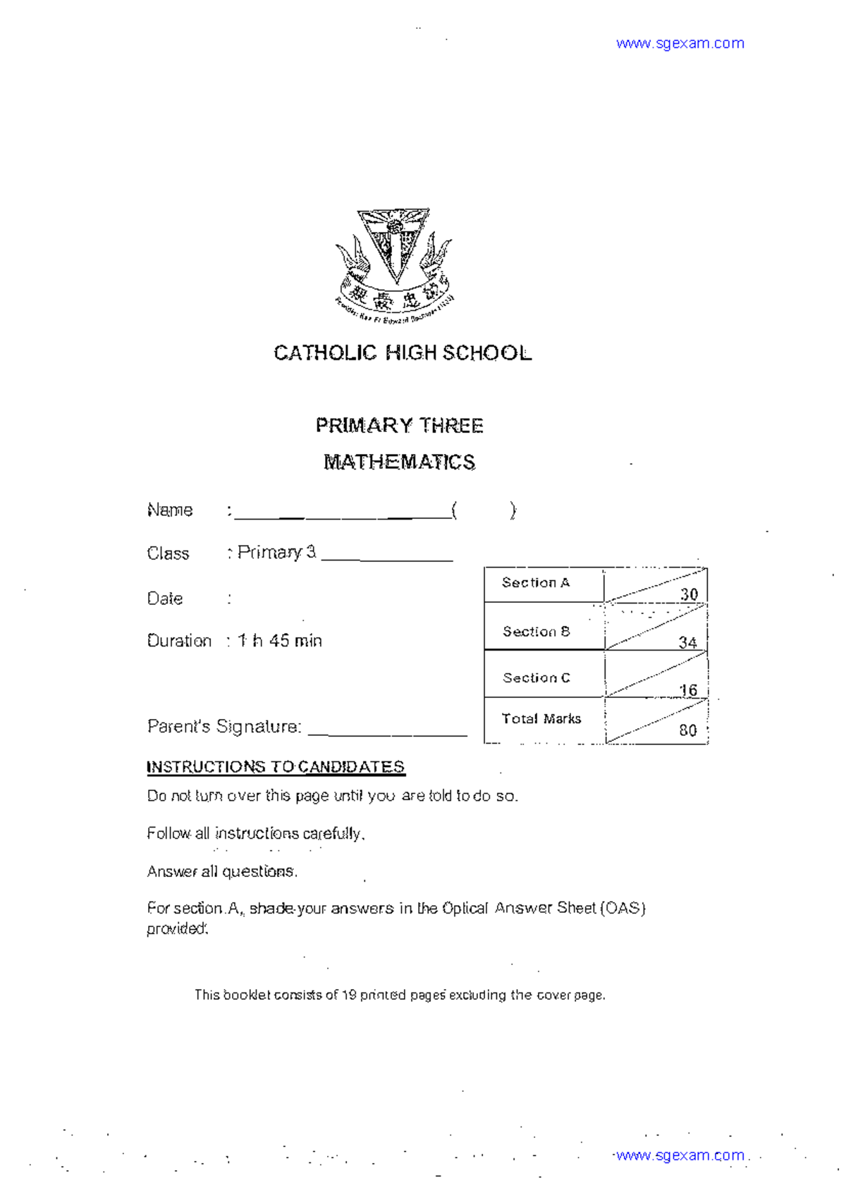 2023-P3-Maths-End Of Year Exam-Catholic High - Answer all questions ...