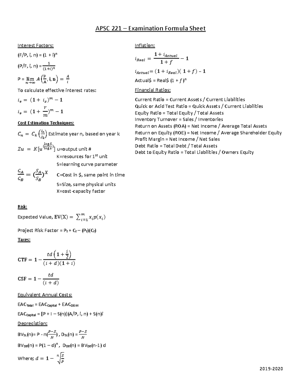 APSC221 Exam Formula Sheet - Warning: TT: undefined function: 32 APSC 221 – Examination Formula ...