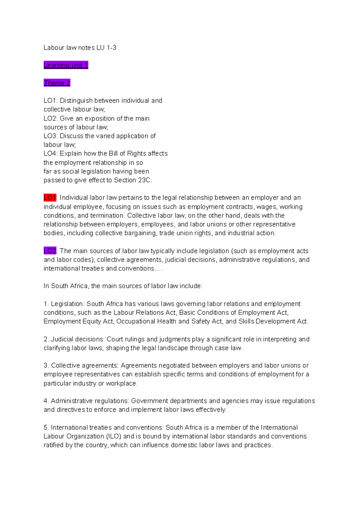 Labour law LU 1 -3 - Notes - Labour law notes LU 1- Learning unit 1 ...