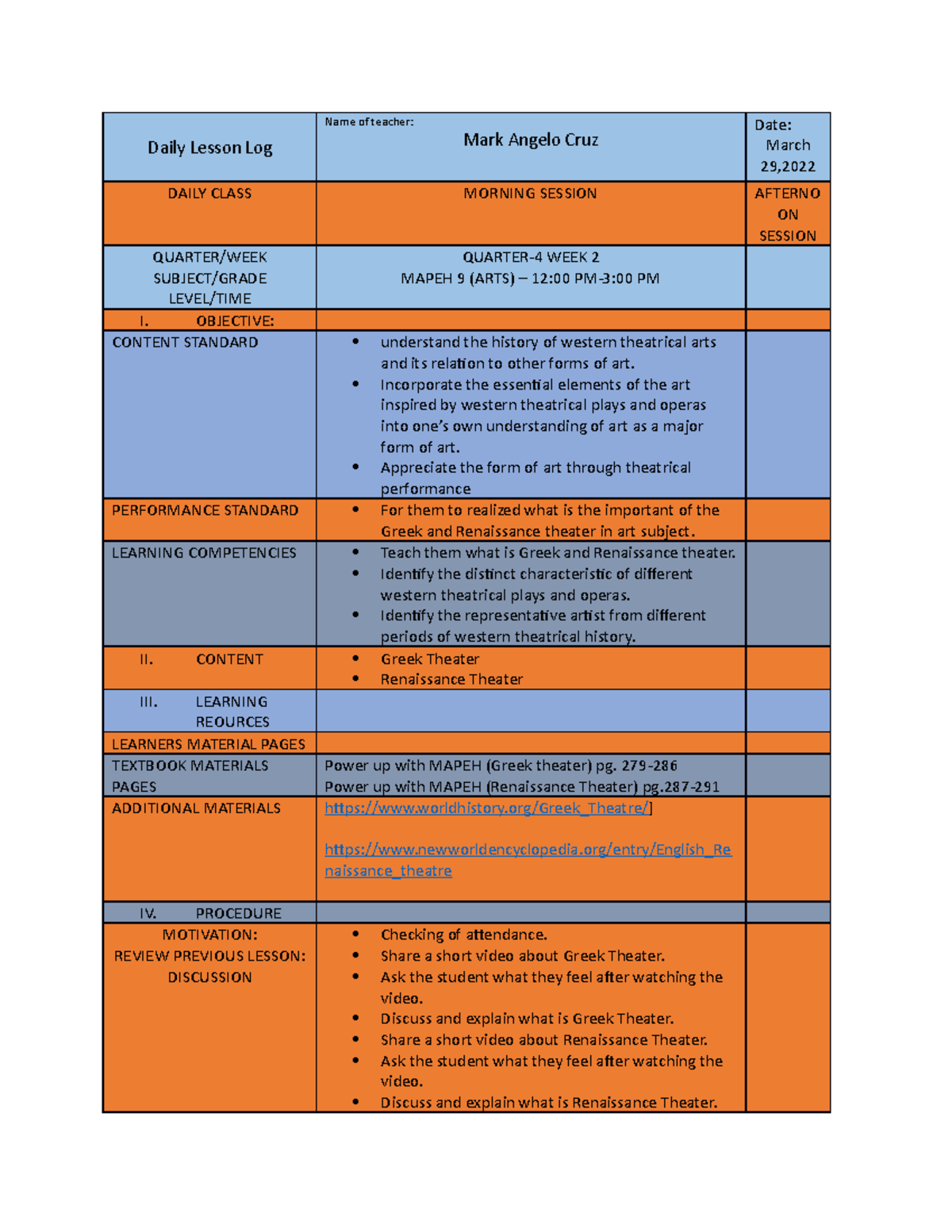 Daily Lesson Log - valid - Daily Lesson Log Name of teacher: Mark ...