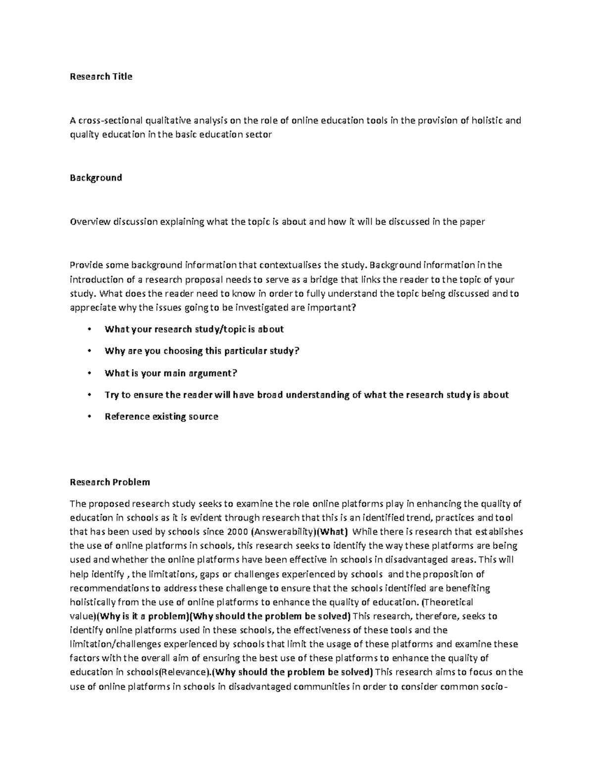 Assignment Example Template - Research Title A cross-sectional ...