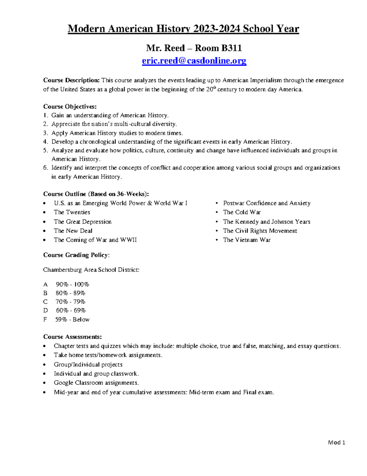 Modern American History syllabus 2023 2024 - Mod 1 Modern American ...