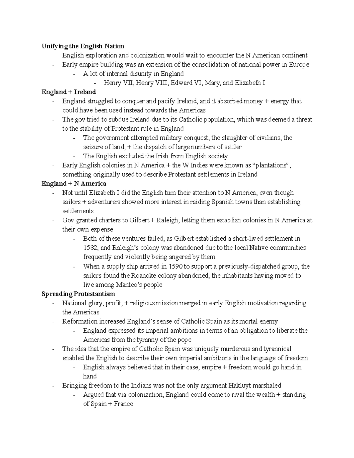 Apush Chapter 2 Notes - Unifying the English Nation - English ...