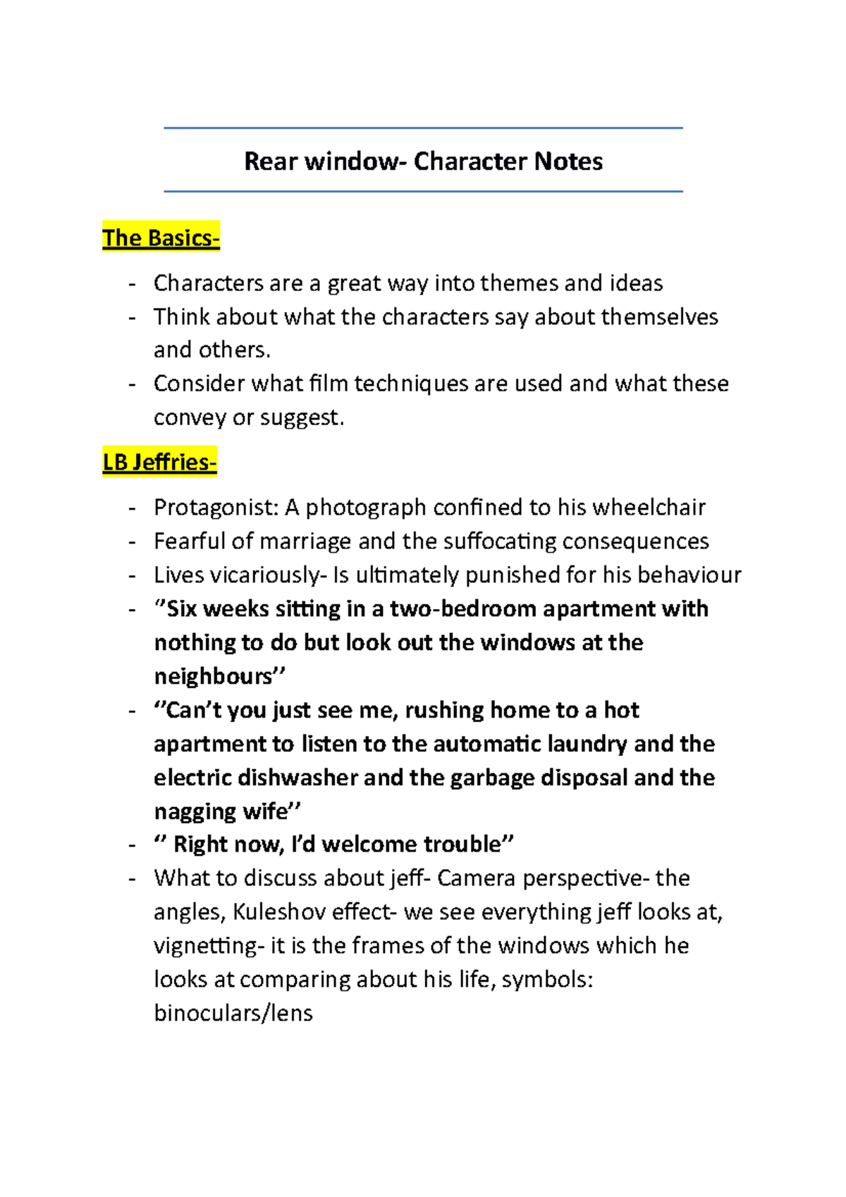 Rear window- Character notes and key quotes and themes - Rear window ...