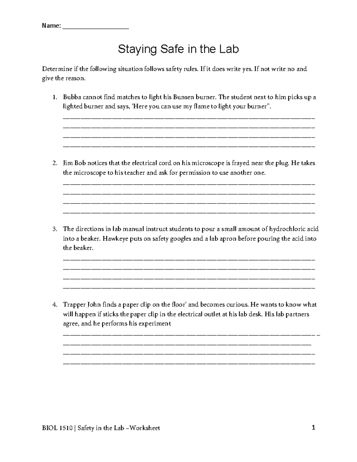 Lab Safety Worksheet - Name: ___________________ Staying Safe in the ...