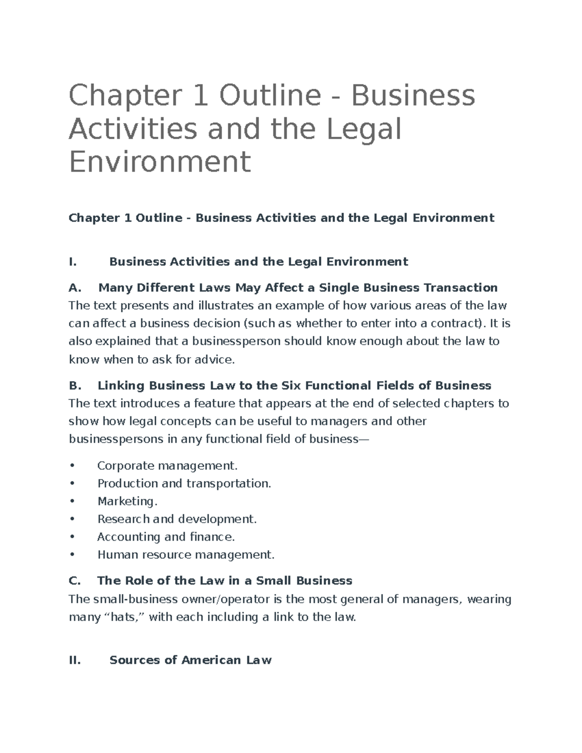 Chapter 1 Outline - Business Activities and the Legal Environment ...