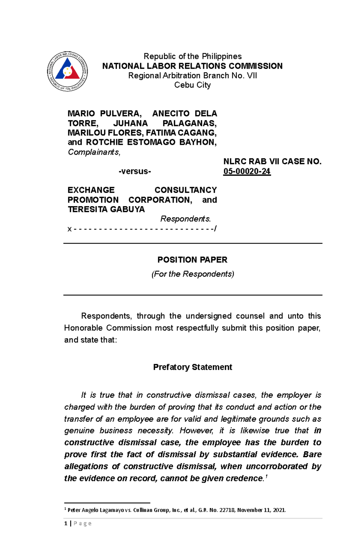 Position Paper - Teresita - Republic of the Philippines NATIONAL LABOR ...