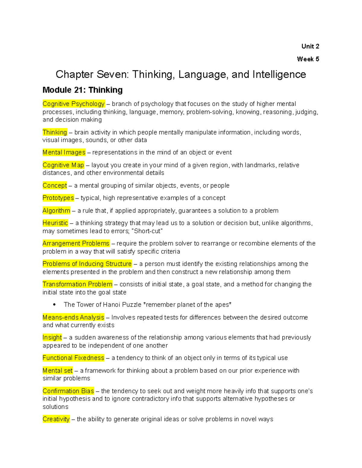 Chapter 7 Notes - Thinking, Language, and Intelligence - Unit 2 Week 5 ...
