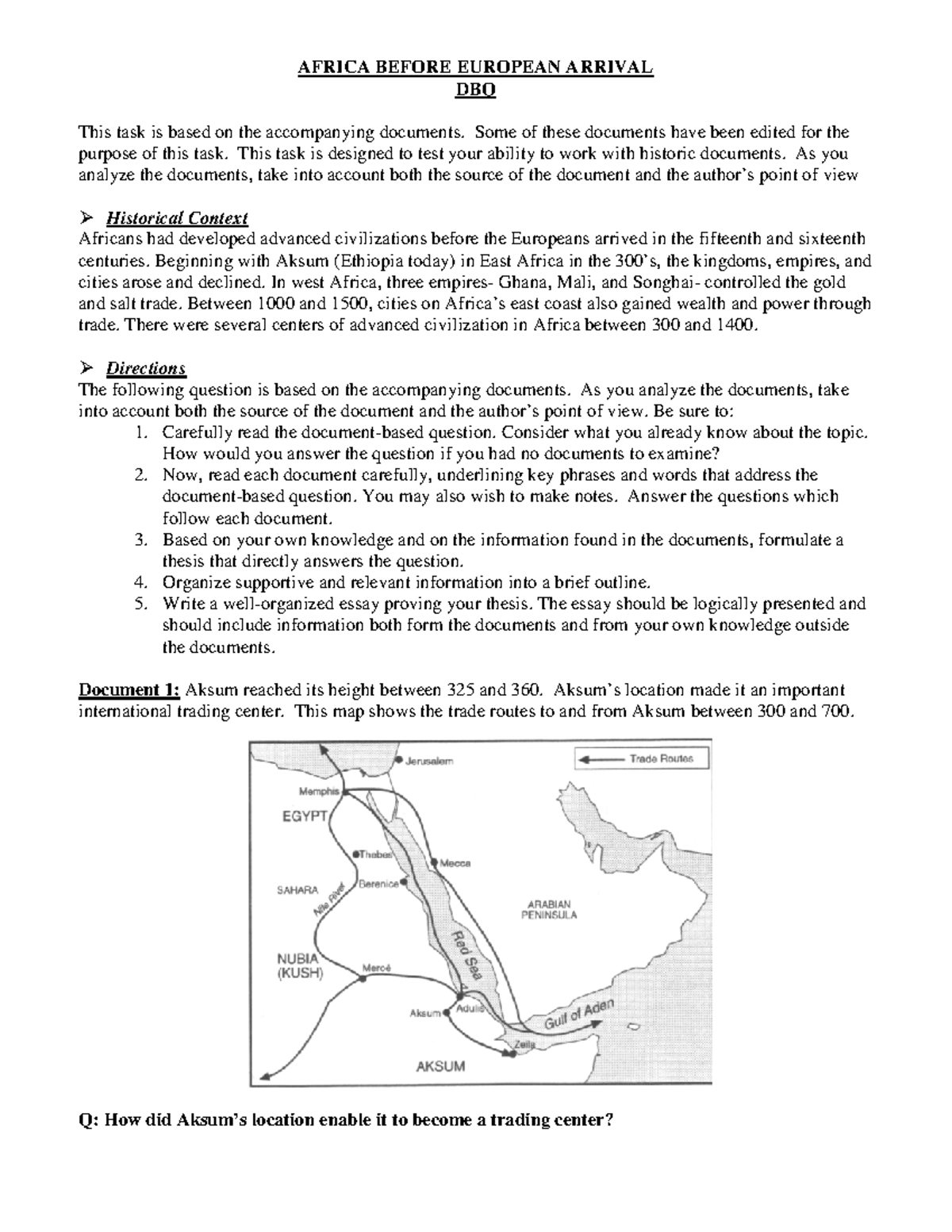 DBQ Africa Before Arrival of Europeans - AFRICA BEFORE EUROPEAN ARRIVAL ...
