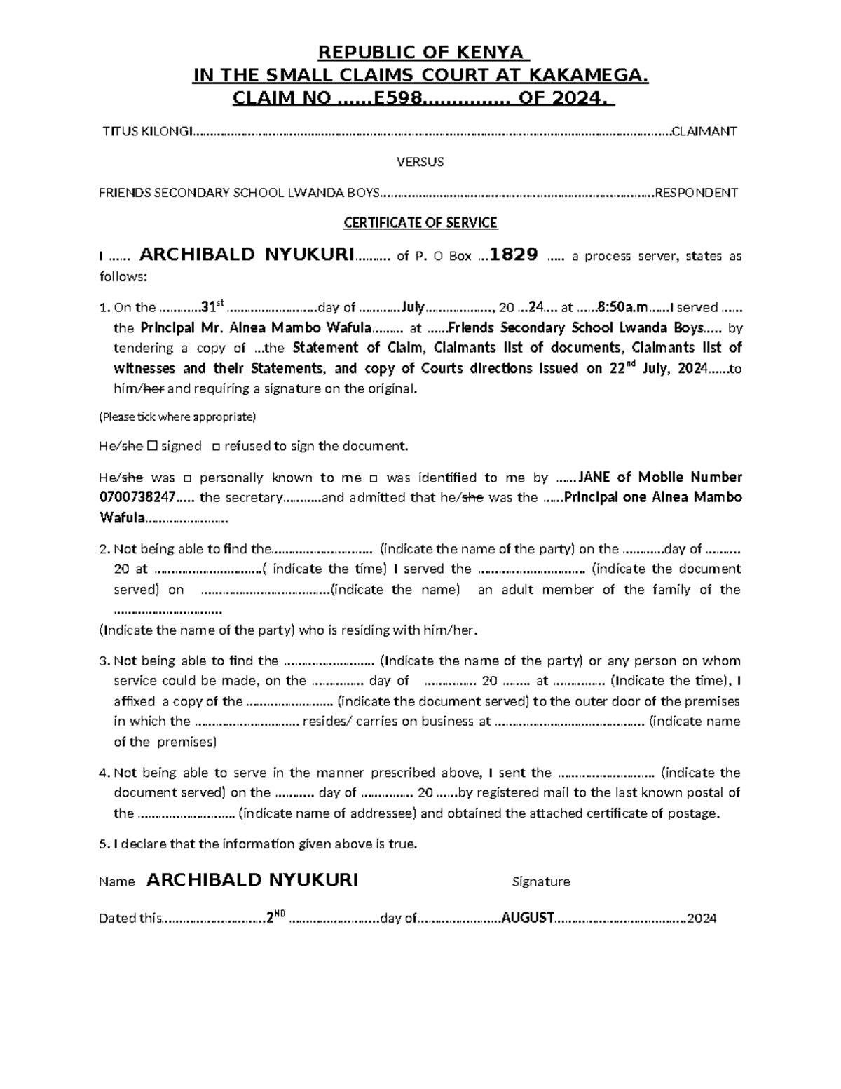 Certificate OF Service- Kilongi - REPUBLIC OF KENYA IN THE SMALL CLAIMS ...