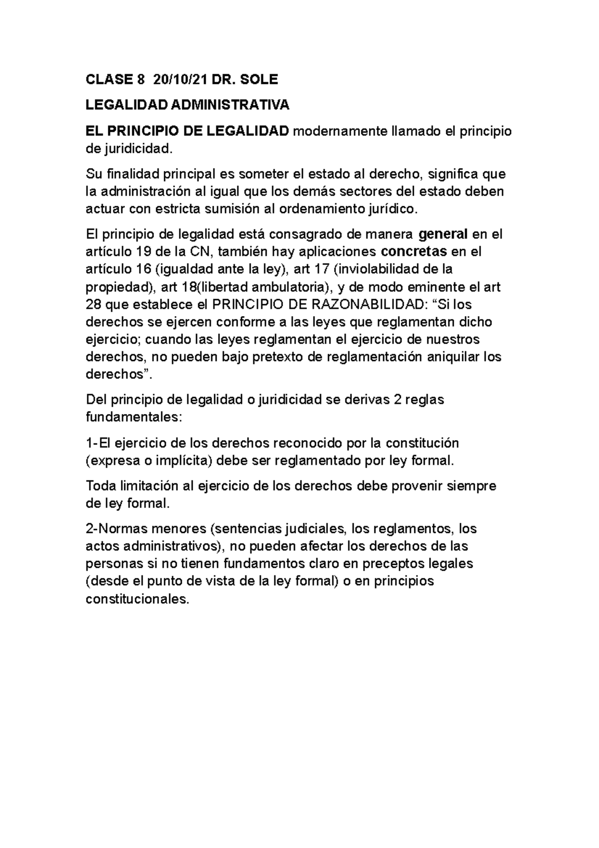 Clase 8 2c 2021 - CLASE 8 20/10/21 DR. SOLE LEGALIDAD ADMINISTRATIVA EL ...